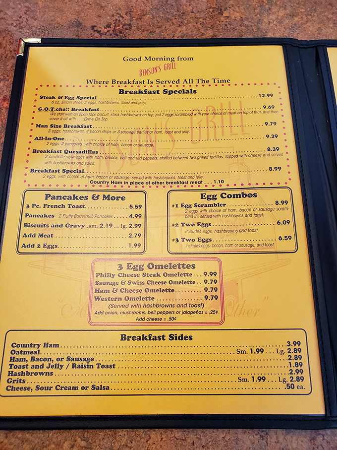 This menu isn't just a list of options &ndash; it's a roadmap to happiness. The "Man Size Breakfast" isn't just a meal, it's a challenge worth accepting.