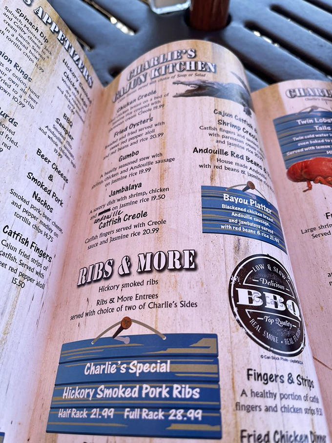 Charlie's menu reads like a love letter to the bayou&mdash;jambalaya, gumbo, and Creole classics that make your stomach growl in anticipation.