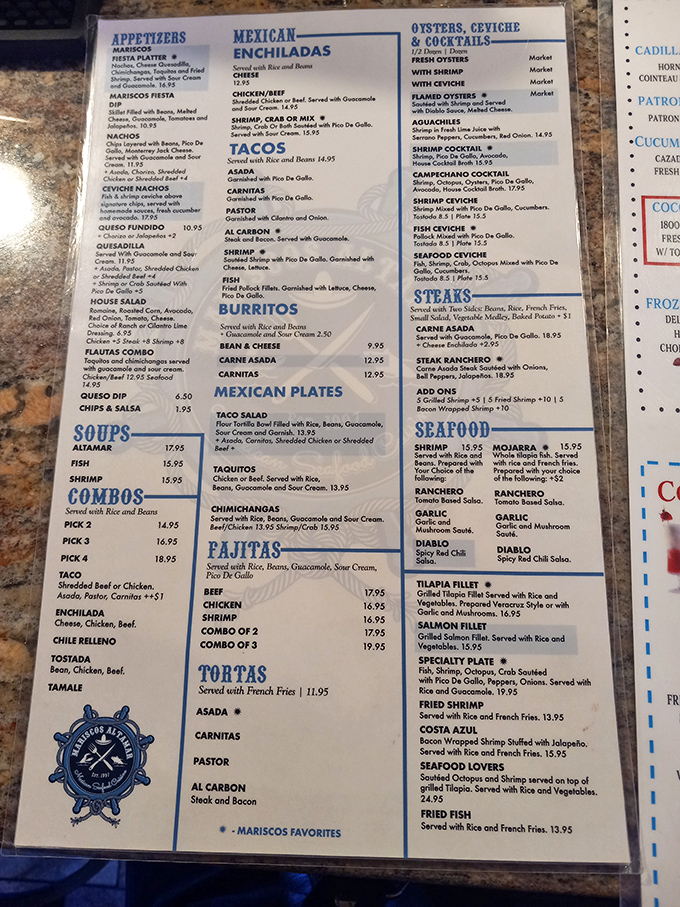 This menu isn't just a list&mdash;it's a maritime treasure map. Each section promises new seafood adventures for the landlocked explorer.