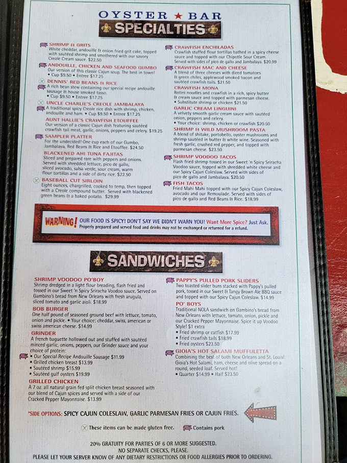 That warning at the bottom isn't kidding&mdash;Broadway Oyster Bar's menu reads like a love letter to Louisiana, complete with a spicy postscript!