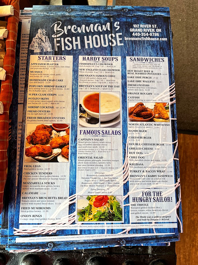 This isn't just a menu; it's a maritime treasure map where X marks the spot for everything from frog legs to "The Thistle" sandwich.