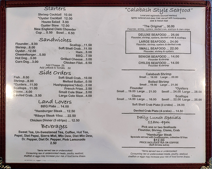 Like reading Shakespeare's greatest hits, this menu captures the essence of Calabash tradition in one glorious, mouth-watering page.