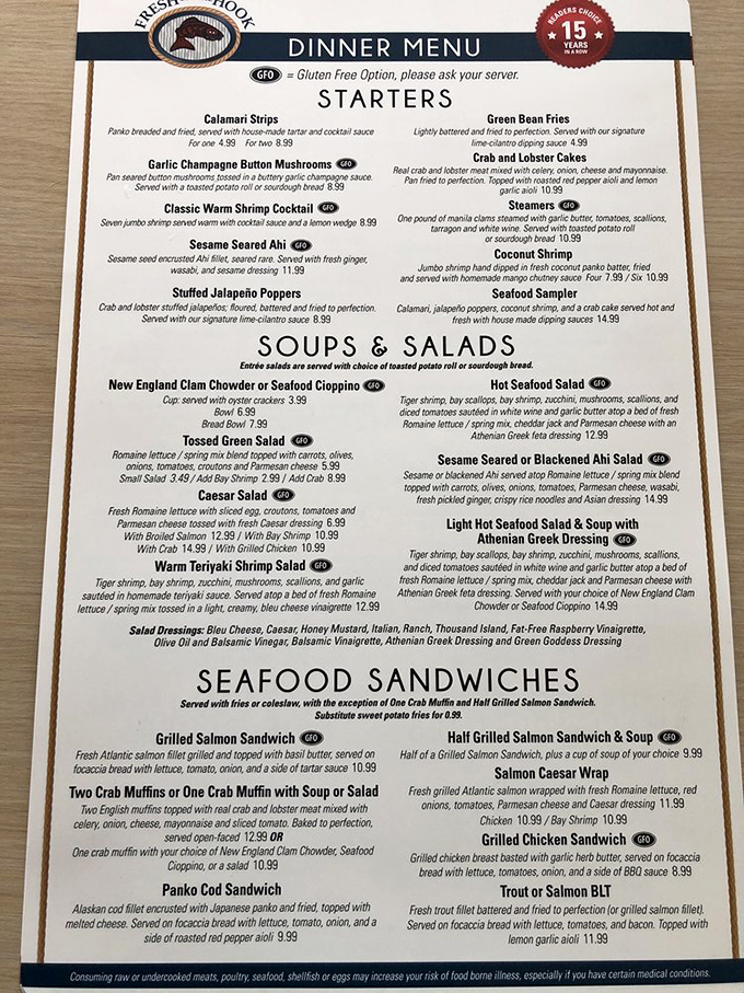 This menu is like a treasure map where X marks every delicious spot—from Crab and Lobster Cakes to Manila Clams steamed in garlic butter.