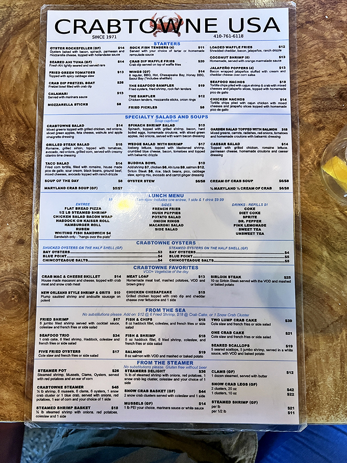 A menu that reads like a love letter to the Chesapeake Bay. The hardest part? Choosing between "everything" and "everything else."