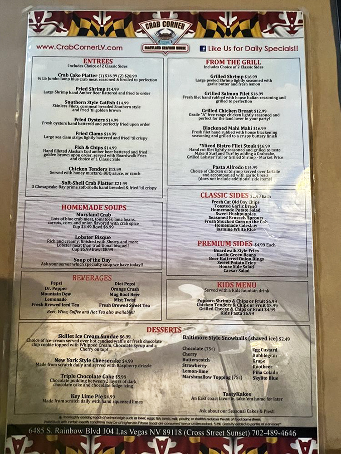 This menu isn't just a list—it's a passport to the Chesapeake Bay. Each item promises a taste of Maryland that'll make East Coast transplants weep with joy.