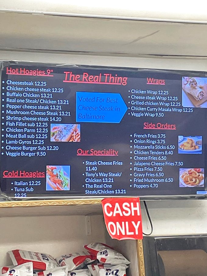 That "CASH ONLY" sign isn't just decoration&mdash;it's your entry ticket to what many consider Baltimore's best cheesesteak experience.