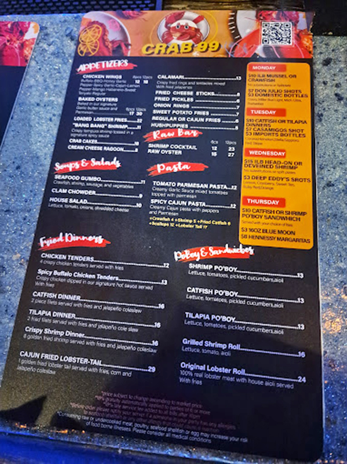 This menu isn't just a list&mdash;it's a treasure map where X marks the spot for Bang Bang shrimp, Cajun lobster tail, and those legendary fried clams.