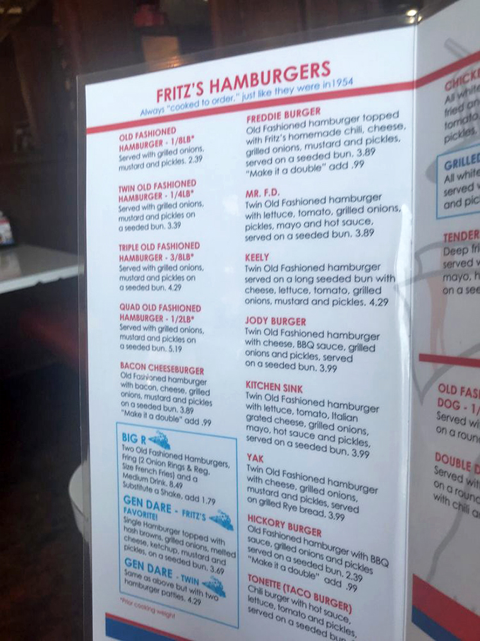 The menu at Fritz's reads like a love letter to classic Americana&mdash;burgers named with personality and priced like it's still the good old days.