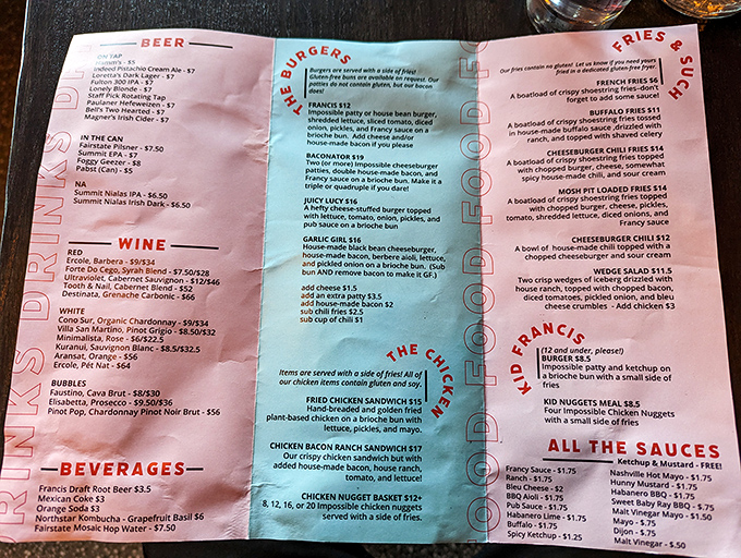This menu isn't just a list&mdash;it's a roadmap to happiness with burgers, loaded fries, and craft beverages awaiting your decision.