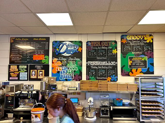 The menu boards pop with flower-power graphics and playful categories. "Feed Your Inner Hippie" isn't just a slogan&mdash;it's a delicious directive.