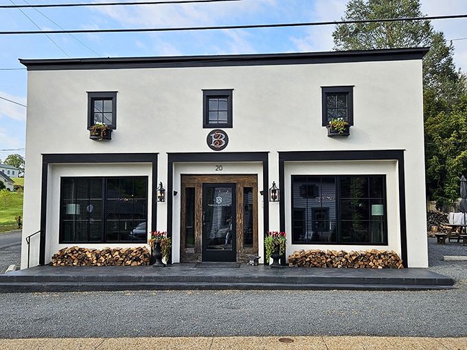 A sleek, modern eatery in a town full of rustic charm&mdash;because even historic towns need a place for date night. And with that firewood stacked up, you just know something delicious is happening inside.