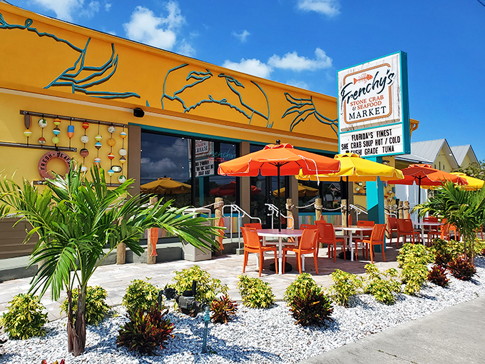 Frenchy's vibrant yellow exterior is like a sunbeam you can eat at. Their outdoor seating area practically screams "Your office meeting can wait!"