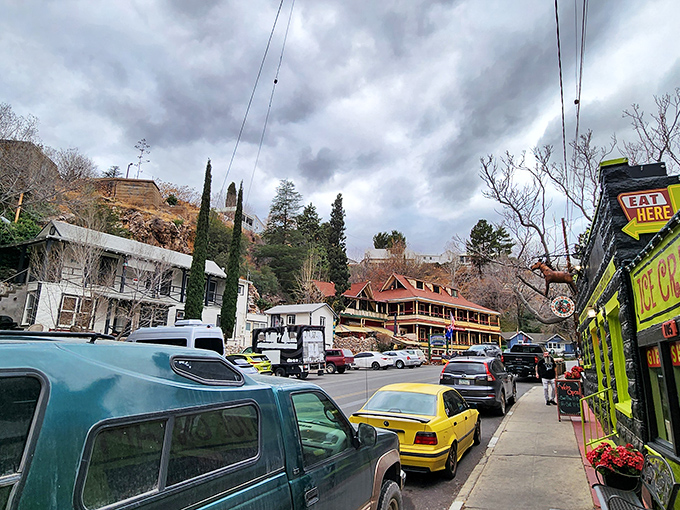 In Bisbee, even the clouds seem to pause their journey to admire the patchwork of historic buildings nestled against the copper-rich hills.