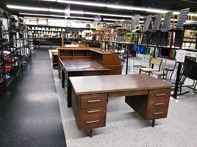 Mid-century desks stand at attention, ready to tell tales of letters written, bills paid, and dreams sketched decades ago.