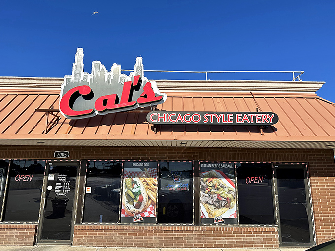 Chicago skyline silhouette against Oklahoma sky! Cal's brings Windy City authenticity to the prairie with its unmistakable red signage.