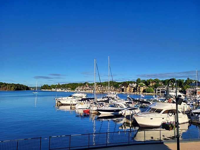Charlevoix's marina sparkles with bobbing sailboats against the blue Michigan sky. A postcard view that changes with every passing cloud.