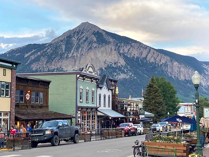Crested Butte's colorful buildings pop against snow-capped peaks, like a town that refuses to be outshined by its surroundings.
