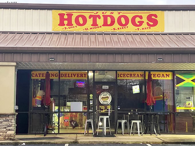 "JUST HOTDOGS" proclaims the banner, but there's nothing "just" about these flavor-packed creations that blend American classics with international flair.