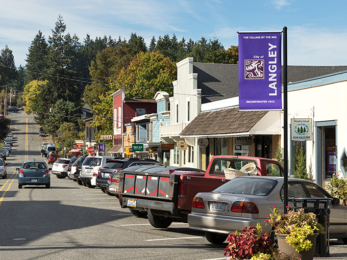 Langley proudly announces itself as "The Village by the Sea" with colorful storefronts that practically beg you to browse.