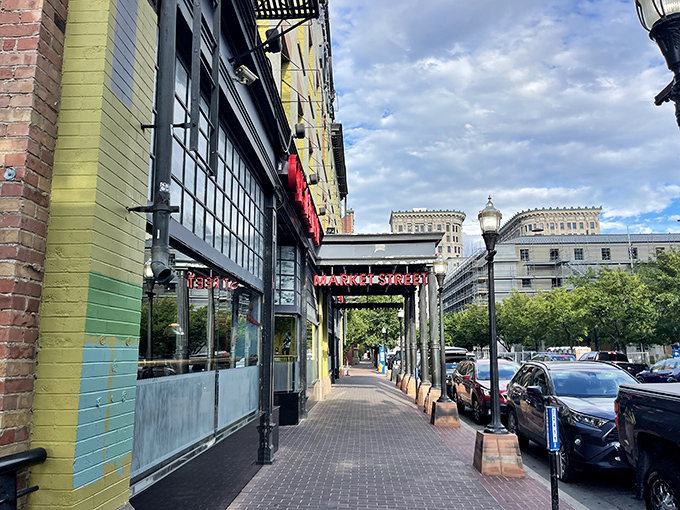Market Street's colorful storefronts create an urban oasis where seafood dreams come true, one oyster at a time.
