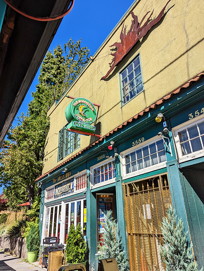 Mississippi Pizza's mustard-yellow building with that flame cutout &ndash; Portland keeping it weird, one slice at a time.