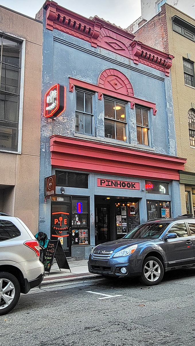 Pie Pushers' blue building stands out like that one friend who's cooler than everyone else but still invites you to all the parties.