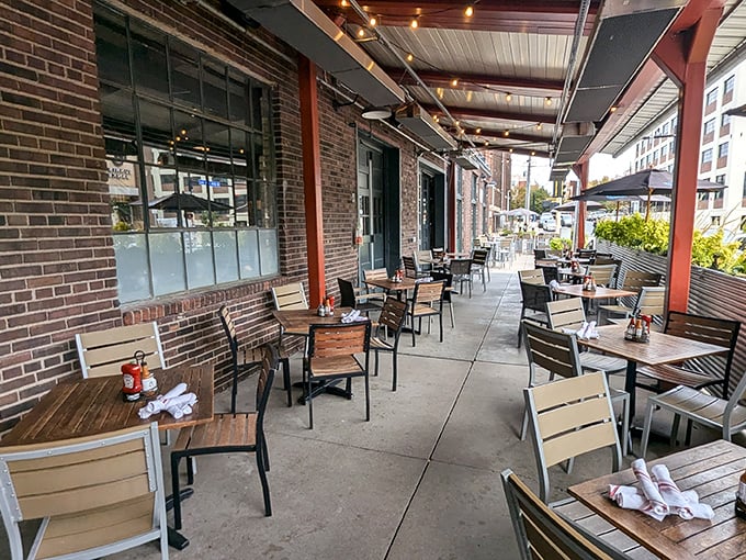 Smack Shack's patio: Where brick walls and outdoor tables create the perfect backdrop for lobster roll bliss. Urban dining at its finest!