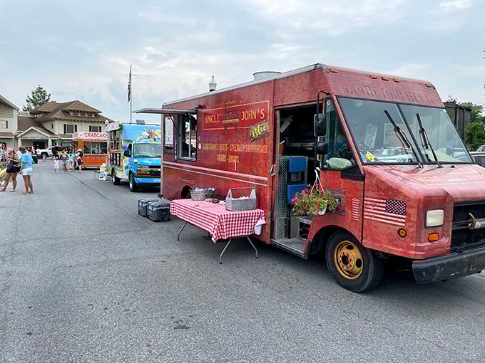 Uncle John's red BBQ truck: Where smoke signals and picnic tables create the perfect summer storyline.