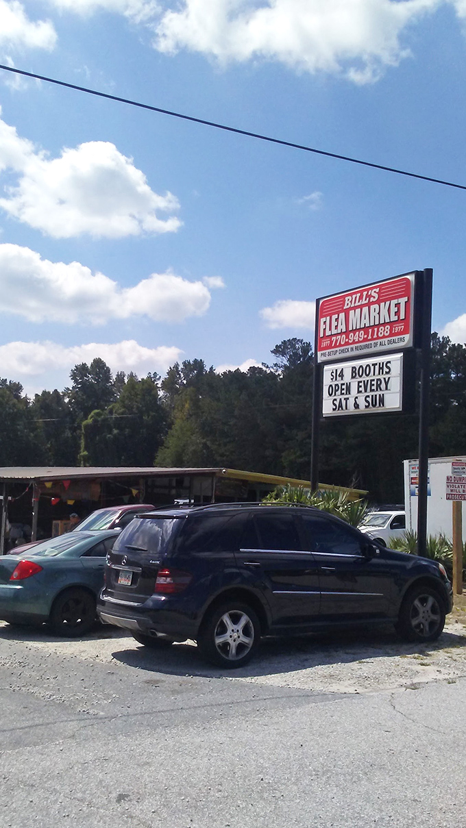 Roadside Americana at its finest. Bill's simple sign promises what Vegas can't—authentic treasures without the neon lights.