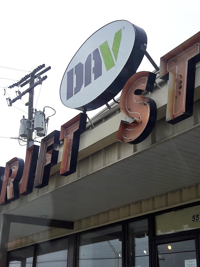 DAV's bright blue awnings signal the sweet spot where bargain hunting and good karma collide in perfect thrifting harmony.