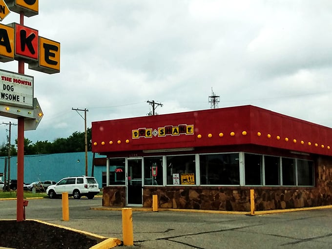 Red building, yellow dots, and a philosophy about happiness that rivals anything Socrates ever said about hot dogs.