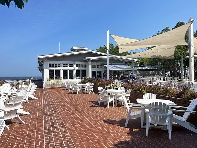 Harbor House waterfront deck: Those white Adirondack chairs facing the water? Pure summer bliss! Like vacationing in Maine without leaving the Midwest.