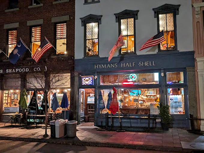 Nighttime at Hyman's - where the glow from the windows promises warm hushpuppies and even warmer hospitality inside.