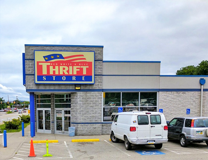 The Red White & Blue Thrift Store stands ready for action, like a general preparing troops for the noble battle of bargain hunting.