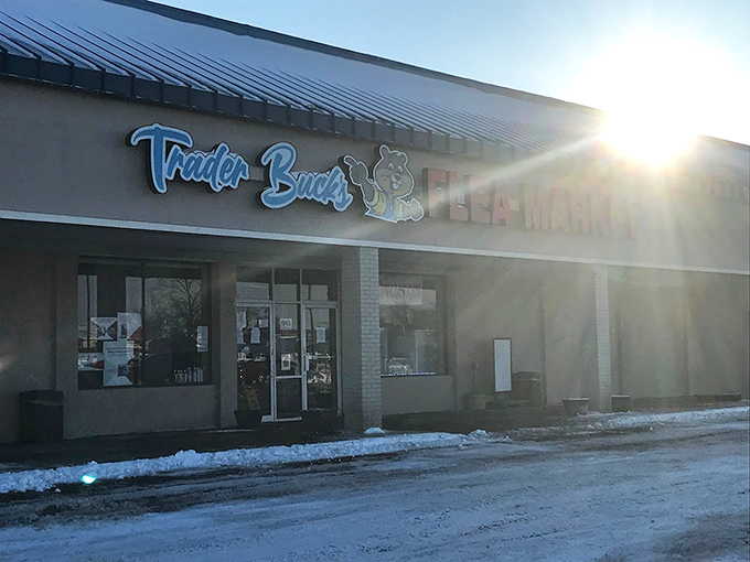 Morning light catches Trader Buck's storefront, standing ready like a fortress of finds waiting for bargain warriors to enter.