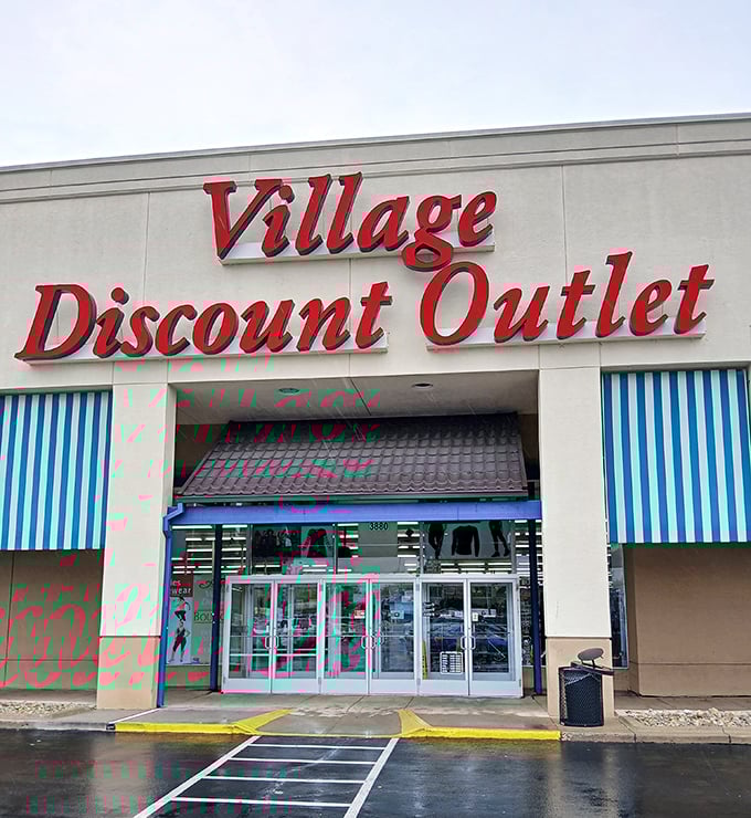 Rain or shine, Village Discount's entrance promises an indoor treasure hunt where X marks the spot on color-coded tags.
