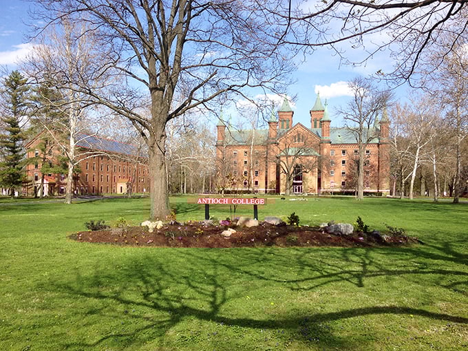 Antioch College stands proud against the Ohio sky, looking exactly like what happens when academic ambition meets architectural showing-off.