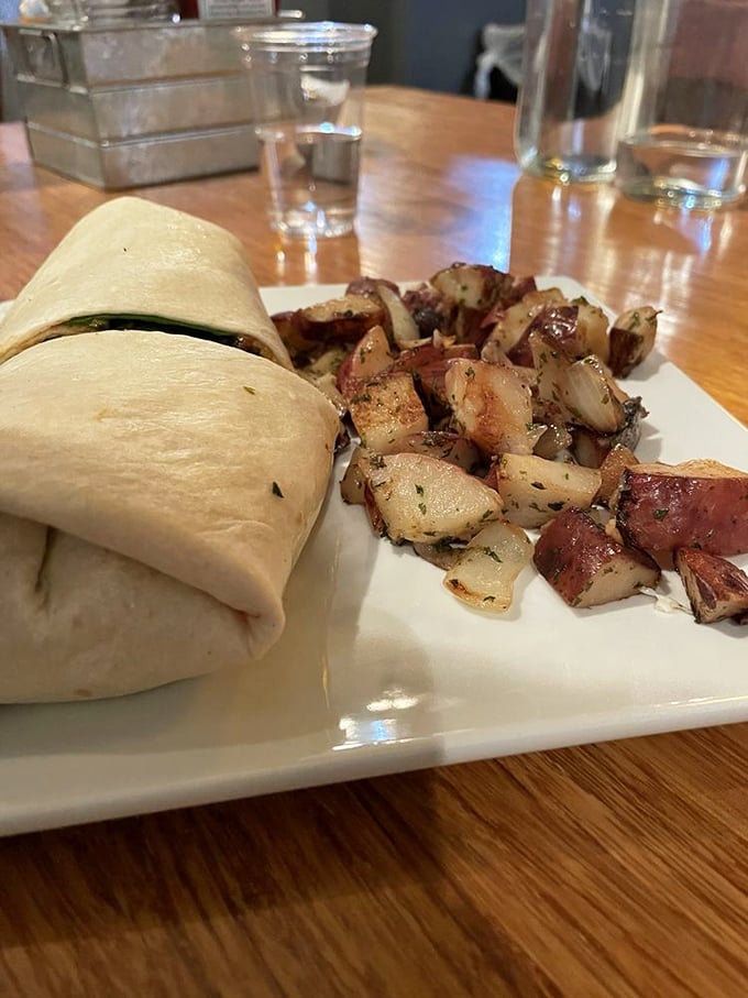 The star of the show: Spoons' breakfast burrito with perfectly seasoned potatoes. This is what breakfast dreams are made of, folks.