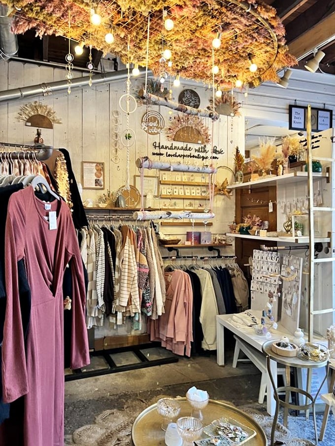 Beneath a canopy of dried flowers, vintage clothing waits for its second act. Fashion that tells stories better than most bestsellers.