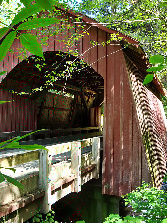 This weathered covered bridge isn't just crossing water; it's spanning time itself, connecting modern travelers to Oregon's rustic past with every wooden plank.