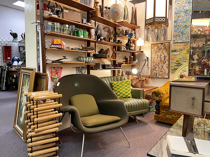 A modernist's dream corner where Eames meets eclectic. That olive chair is practically begging to hear your life story.