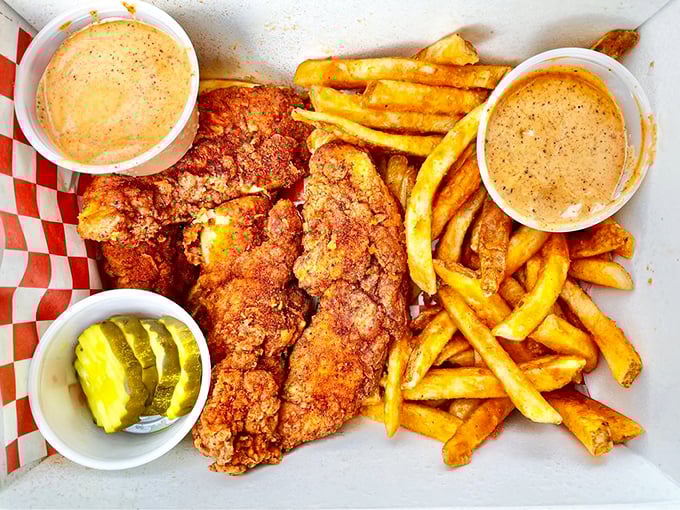 Behold the holy trinity: crispy chicken, golden fries, and house-made sauces. This basket should come with its own theme music and slow-motion entrance.