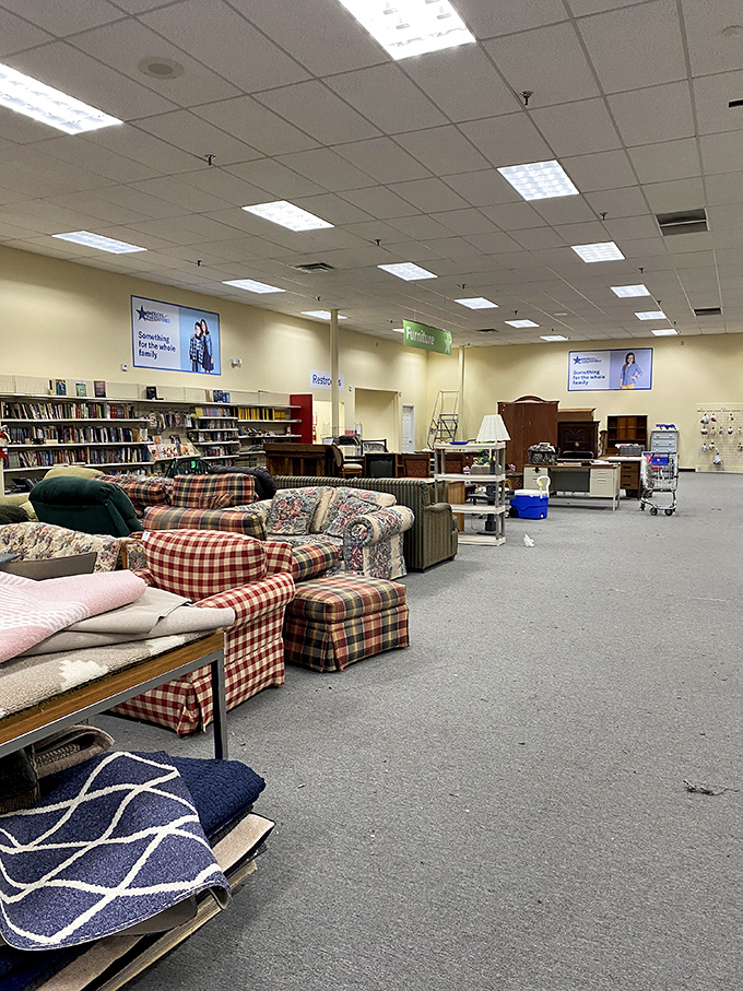 Vintage meets comfort in the furniture section, where that gold brocade wingback chair might just become your new reading throne.