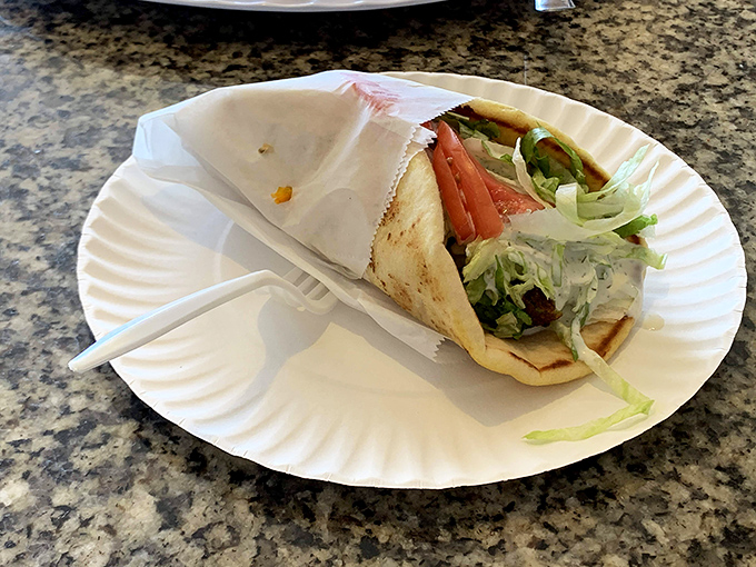 The humble paper plate can't contain the glory. This gyro's stuffed with such generosity it's practically winking at you.