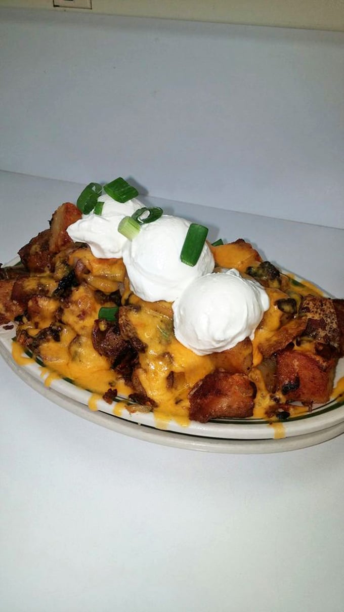 Behold the masterpiece—cheese-smothered hash browns topped with sour cream and green onions. Potato architecture at its finest.