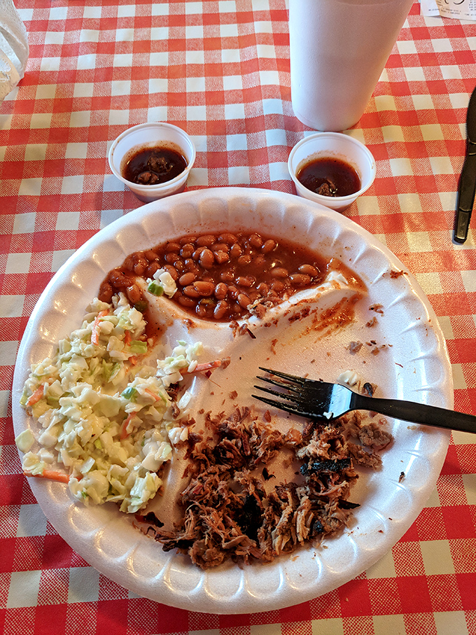 The holy trinity of barbecue bliss: pulled pork with perfect bark, creamy coleslaw, and beans that have clearly been simmering since breakfast.