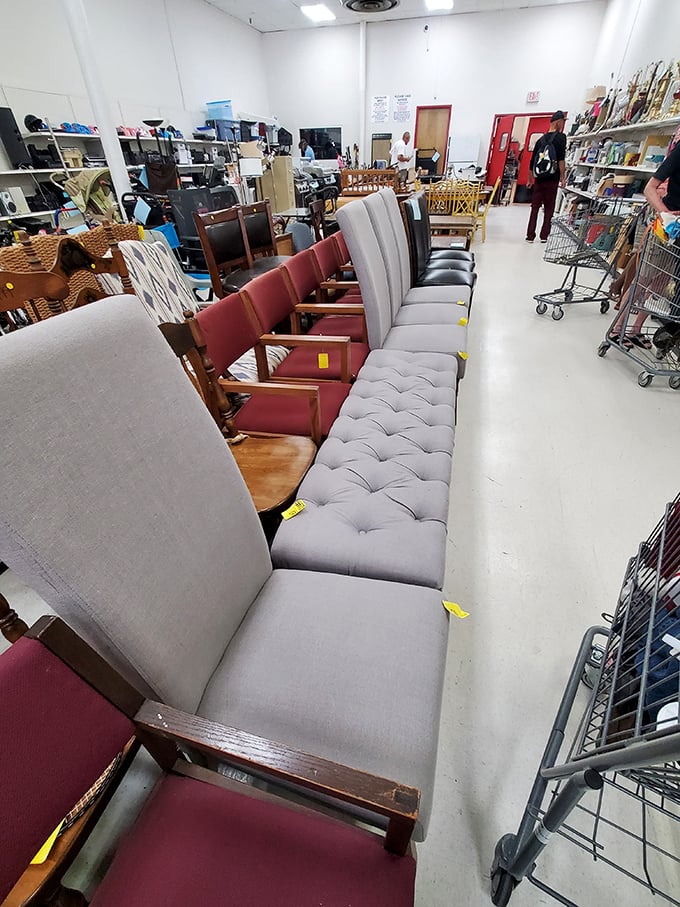 Furniture hunting becomes an expedition through decades of design. That tufted bench could be the missing piece your living room never knew it needed.