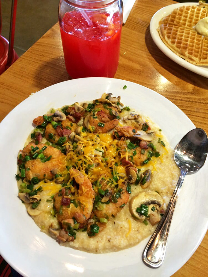 Shrimp and grits so good they'd make a Southerner homesick, with plump shrimp lounging on a bed of cheesy comfort.