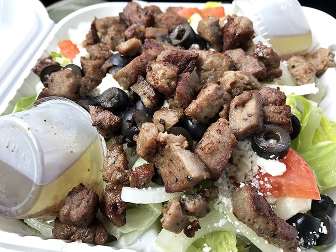 Chunks of perfectly seasoned gyro meat nestled among crisp veggies and briny olives&mdash;a protein-packed Greek vacation in every bite.