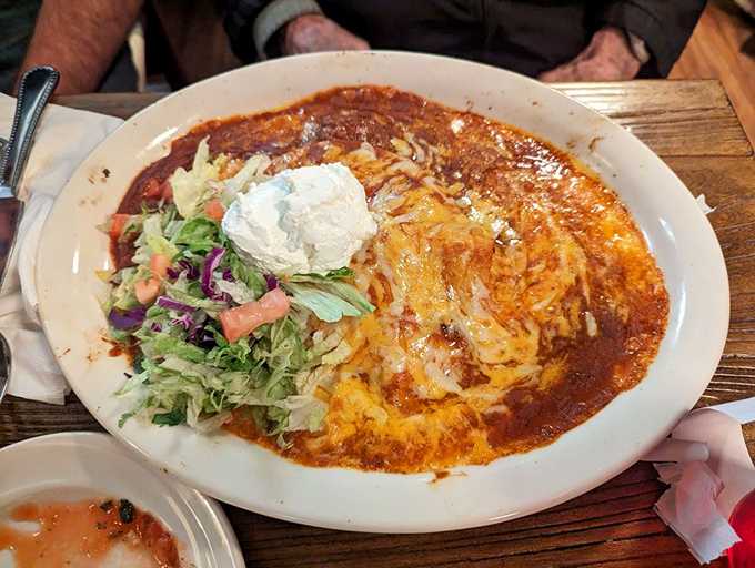 This isn't just an enchilada—it's a life-affirming experience swimming in red sauce with a fresh salad lifeguard standing by.